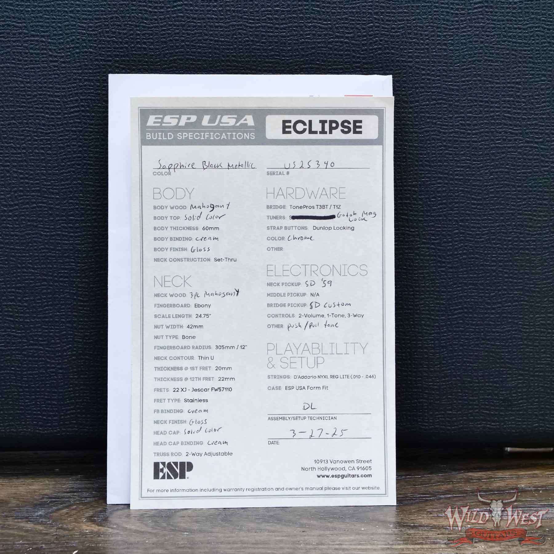 ESP USA Eclipse with Seymour Duncan 59/Custom Pickups Sapphire Black Metallic 8.45 LBS ...